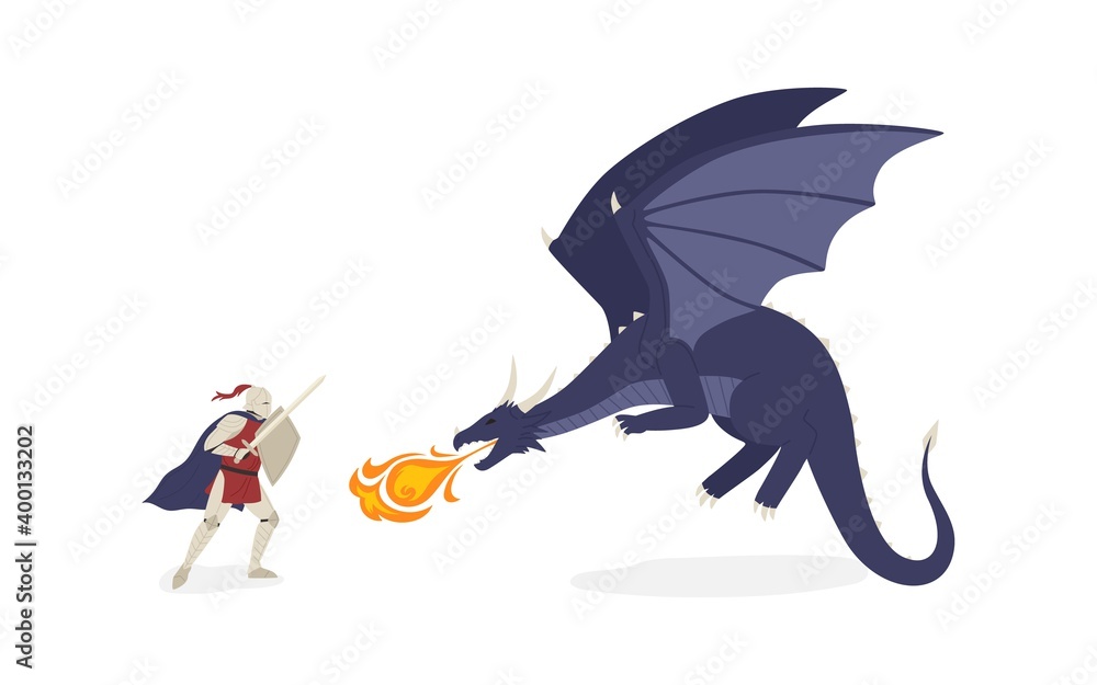 Brave knight fighting with dragon vector flat illustration. Medieval ...