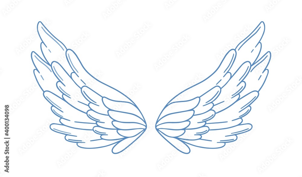 Beautiful wide open angel wings vector monochrome illustration. Pair of ...