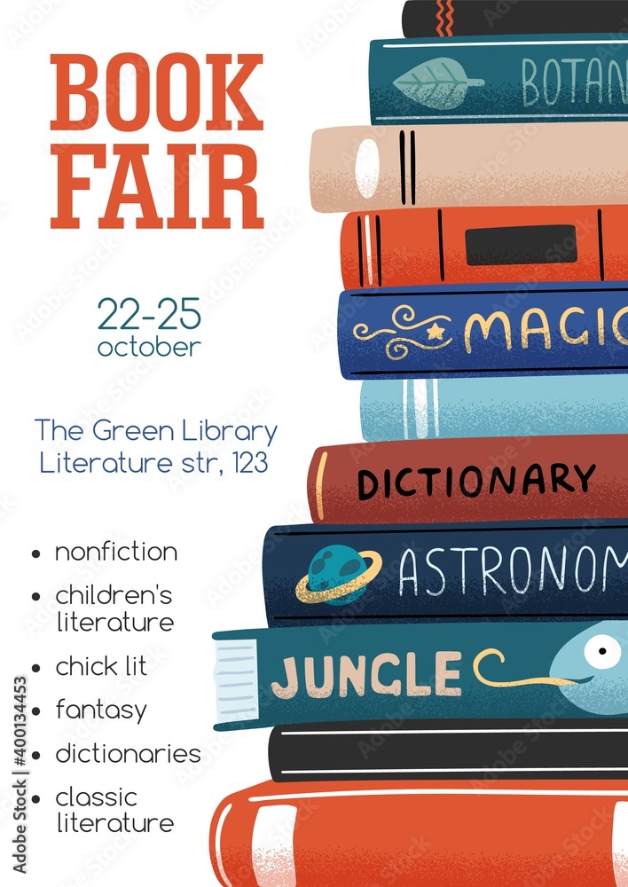 Promo poster for book fair with stack of different academic and ...