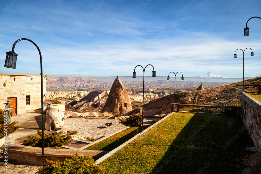 View on Cappadocia rock houses, caves and ruins in Goreme in Anatolia ...