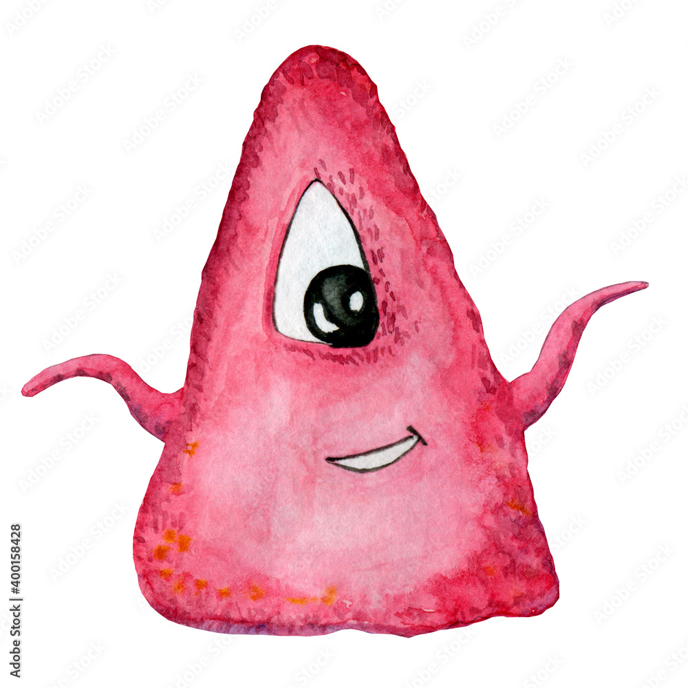 Сute pink alien with one eye and tentacles instead of hands. Watercolor ...