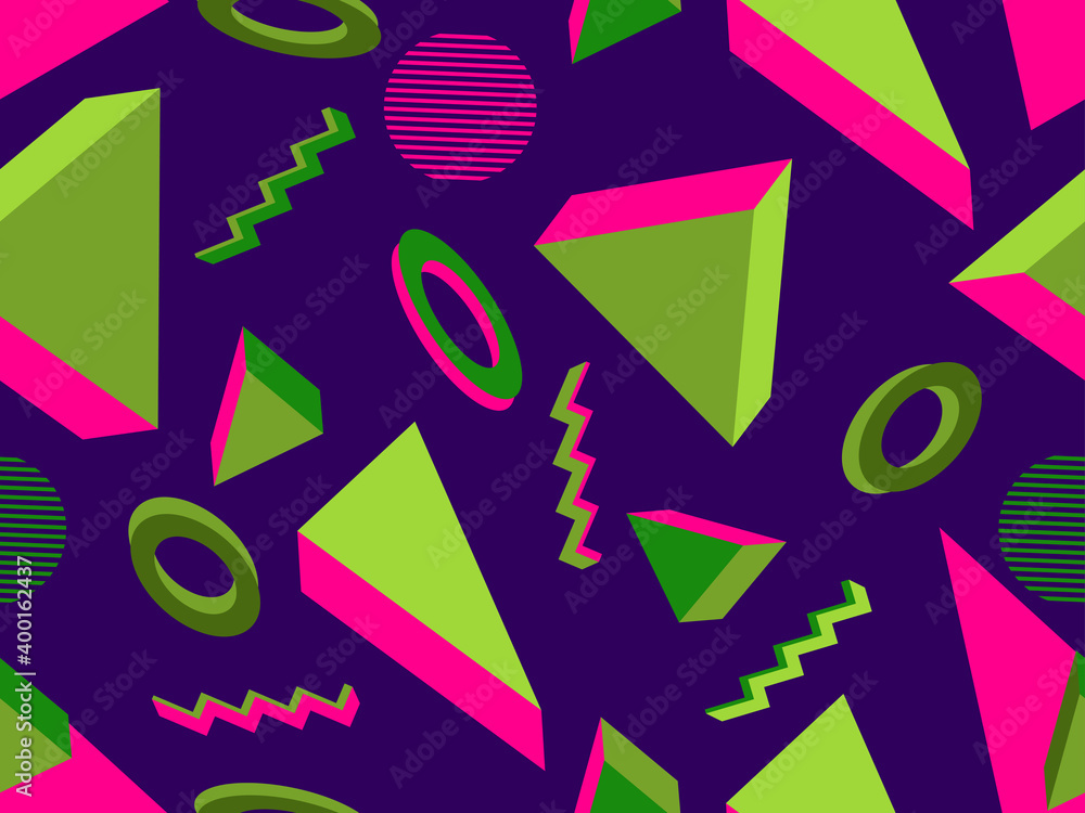 Geometric seamless pattern in 80s style. 3d isometric triangles ...
