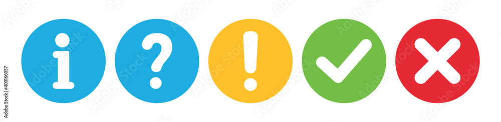 Check mark, cross and exclamation icons vector. Set colored flat ...