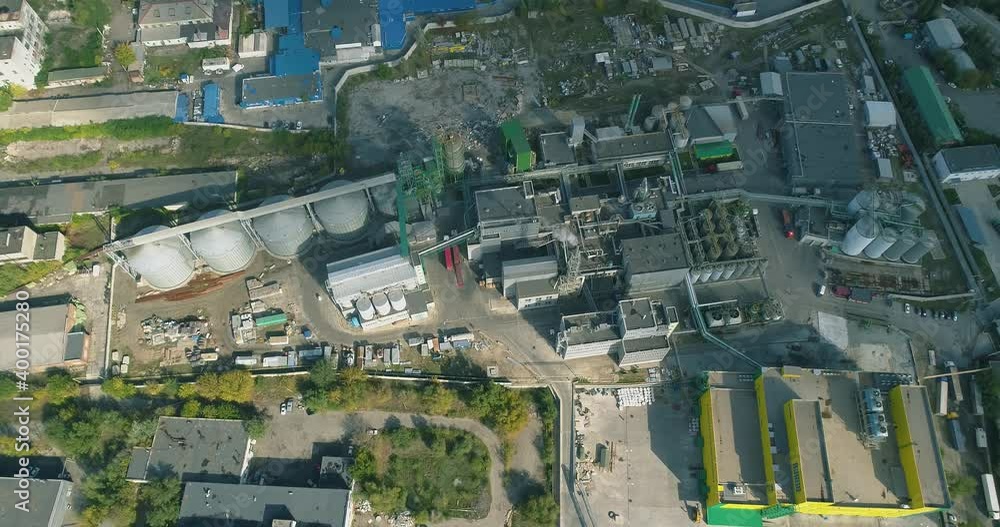 Large industrial complex top view. Grain storage silos. Modern plant ...