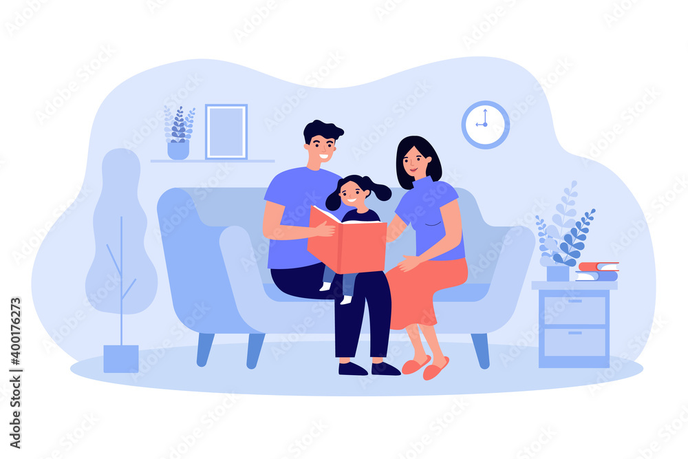 Cheerful parents reading book to daughter flat vector illustration ...