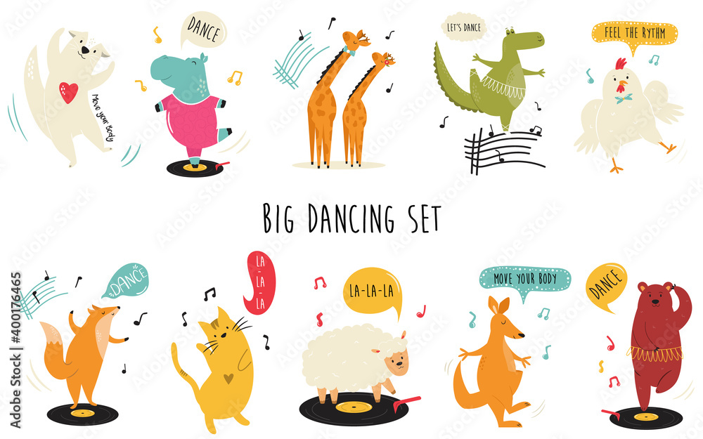 Big set of funny and cute dancing animals Stock Vector | Adobe Stock
