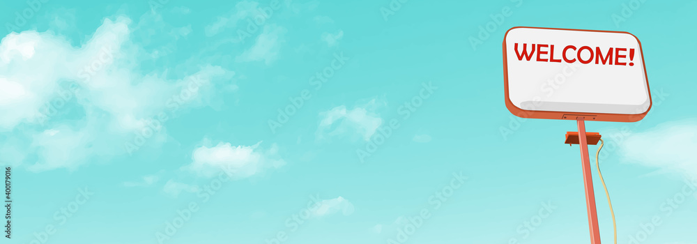 Welcome. Realistic cloud and sky vector graphic image. background, web ...