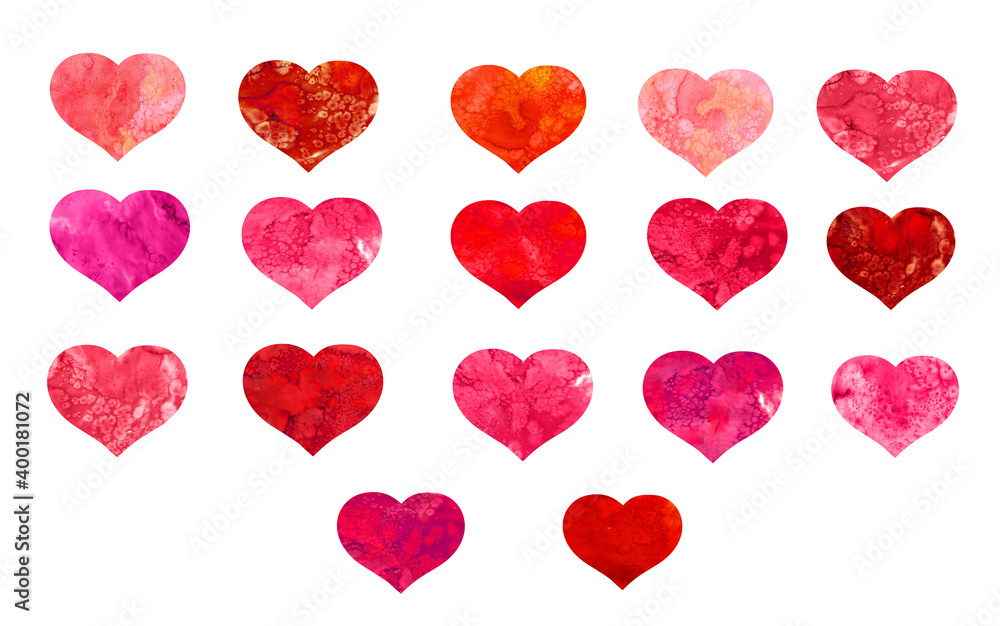 Big set of watercolor heart shapes. Water color splashes, brush strokes ...