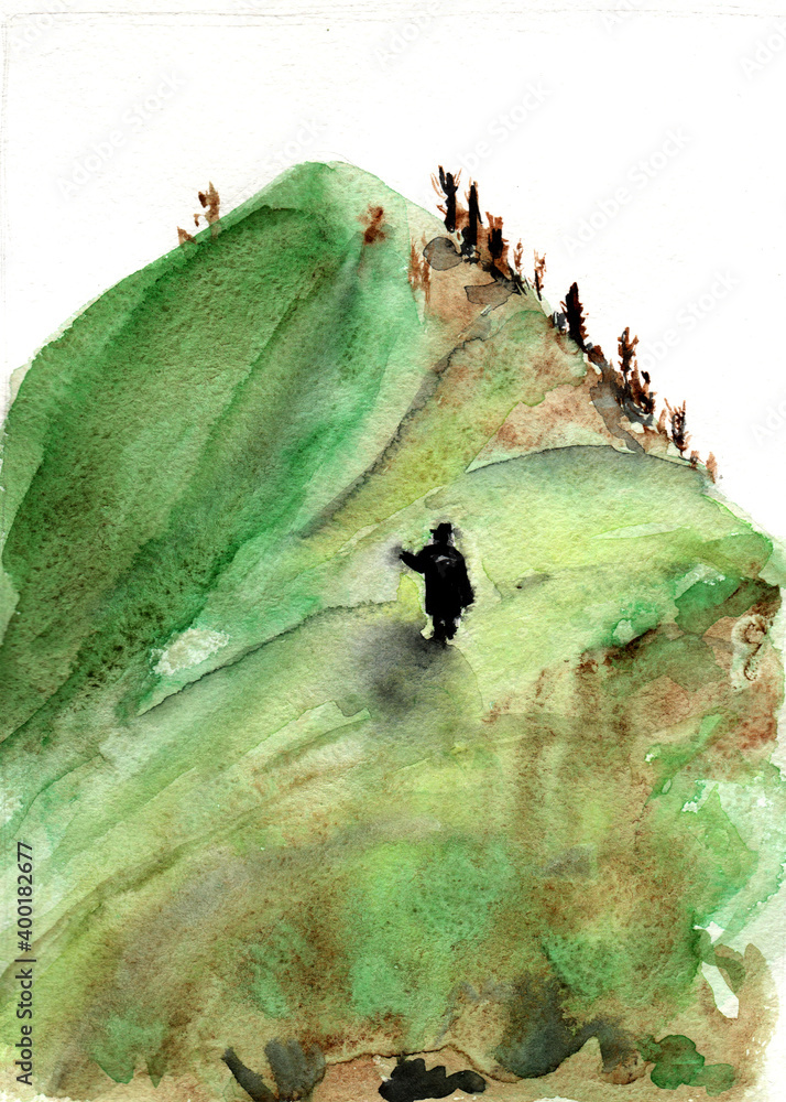 Watercolor hand drawn mountain landscape, green grass hills. Man in ...