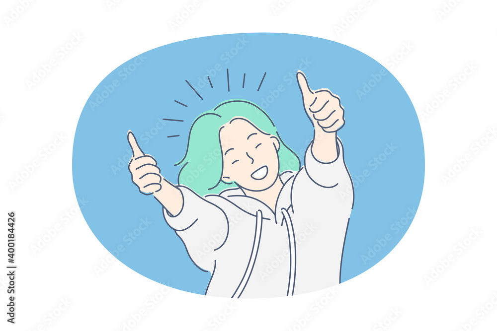 Woman expressing positive emotions concept. Young smiling woman cartoon ...