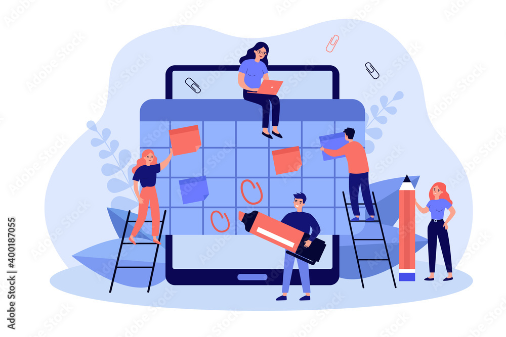 Happy tiny employees making organizer or schedule in big tablet flat ...
