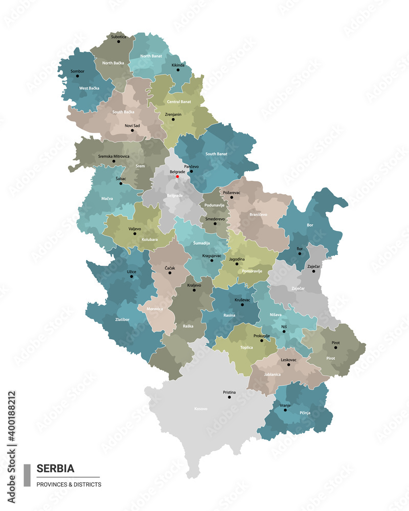 Serbia higt detailed map with subdivisions. Administrative map of ...