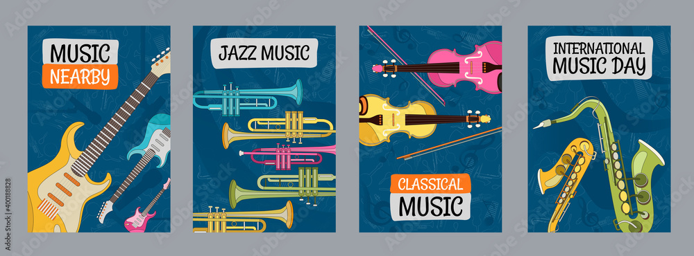Colorful posters design with musical instruments. Vivid brochures for ...