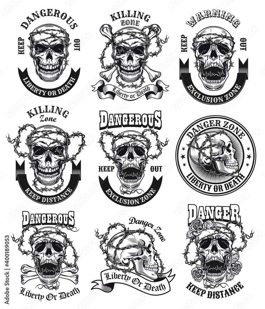 Vetor do Stock: Dangerous zone emblems set. Monochrome design elements ...