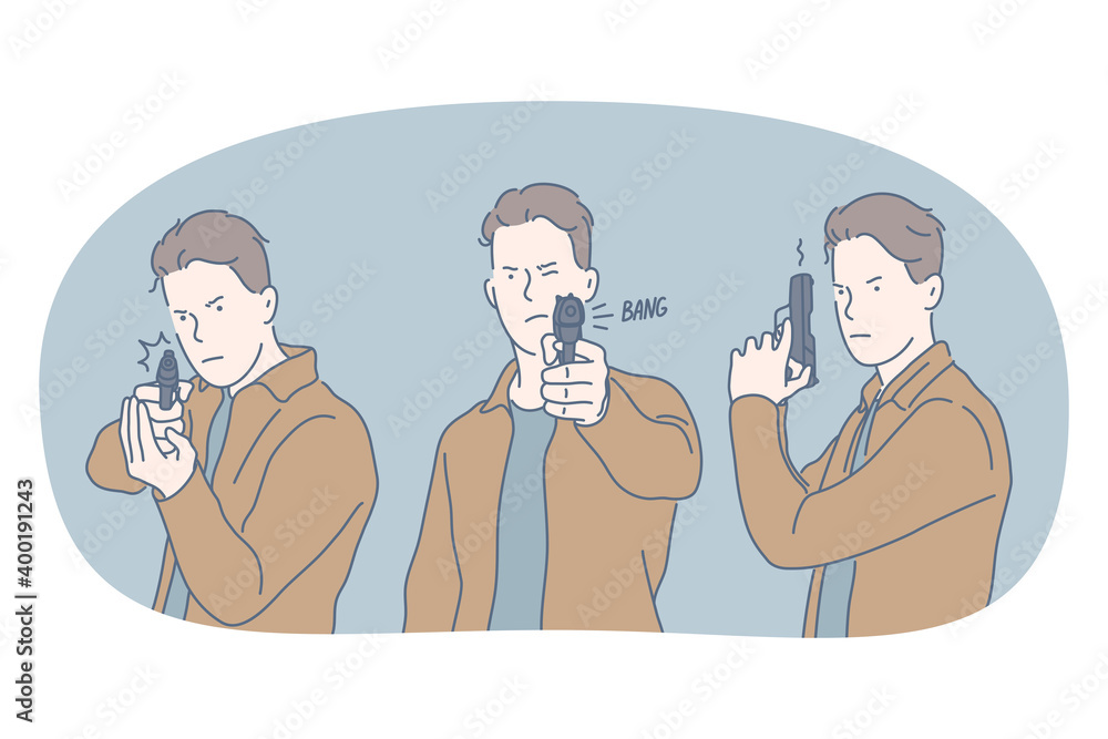 Weapons and gun concept. Young angry aggressive man cartoon character ...