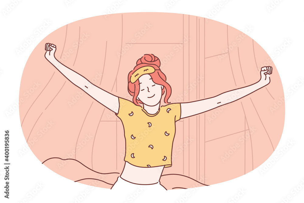 Morning waking up concept. Young smiling happy girl cartoon character ...