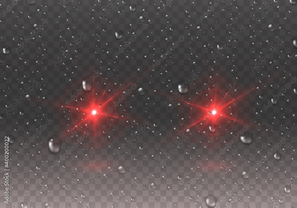 Cars headlight with rain water drops effect on glass window. Realistic ...