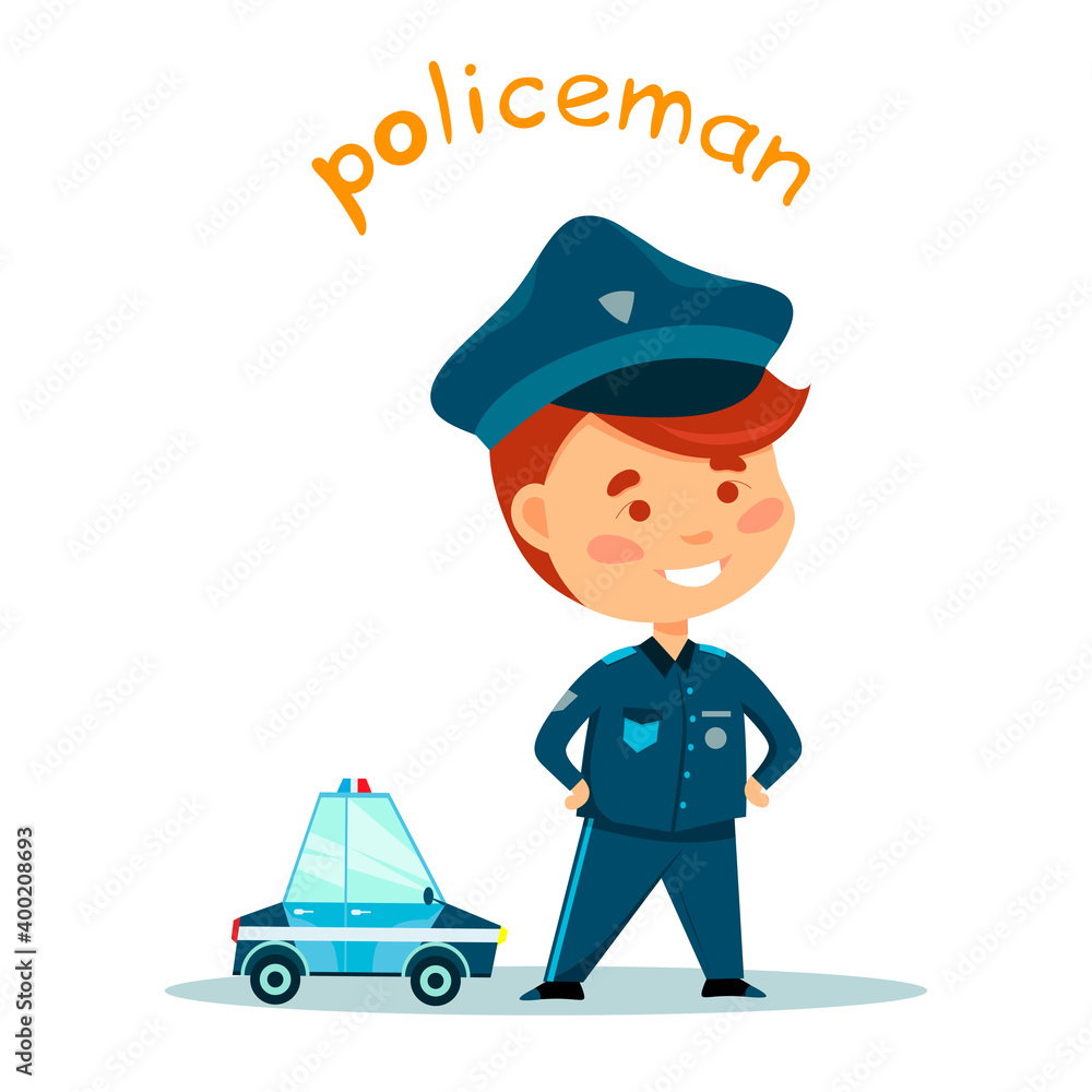 Cute kid playing police. Police car and cartoon character policeman ...