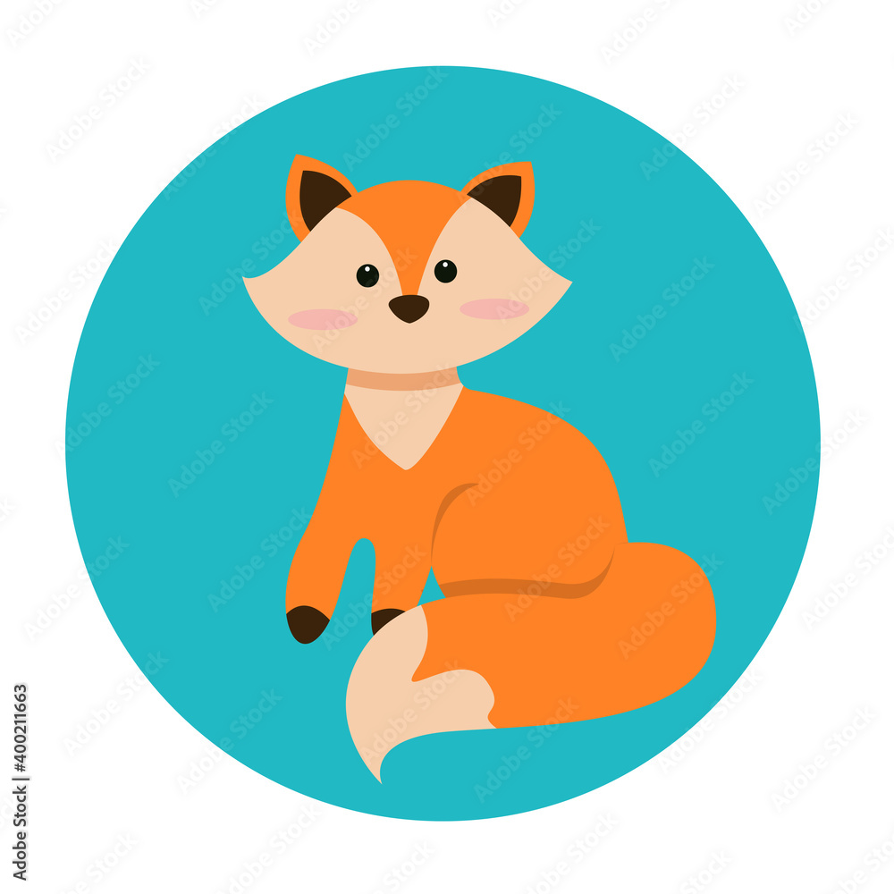 Cute cartoon fox sitting with tail rolled up, vector illustration in ...