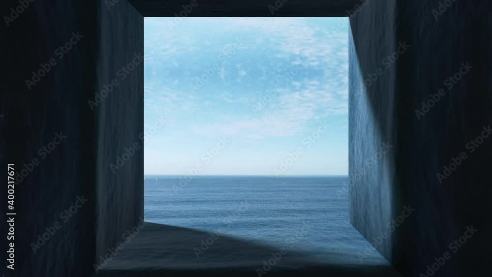 Room recreated with sea walls and exit to the ocean, 3d simulation with ...