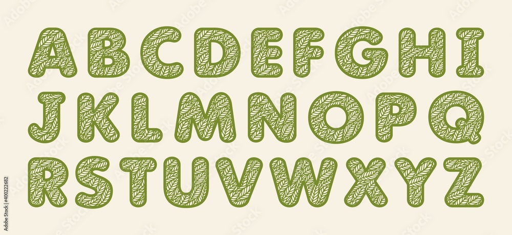 Alphabet letters with a pattern of leaves. Plants theme. Openwork ...