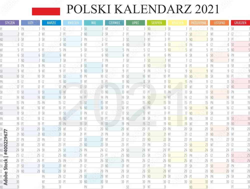 Polish Calendar 2021, Kalendarz polski 2021, monthly planning, color ...