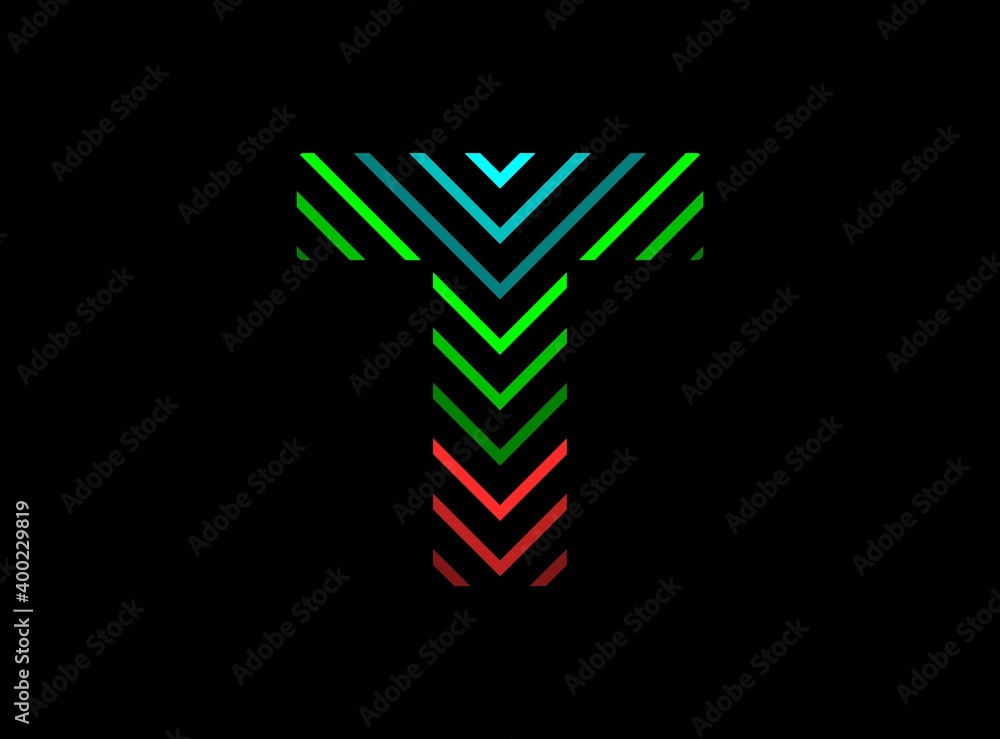 T letter font logo with rgb color. Dynamic split red, green, blue color ...