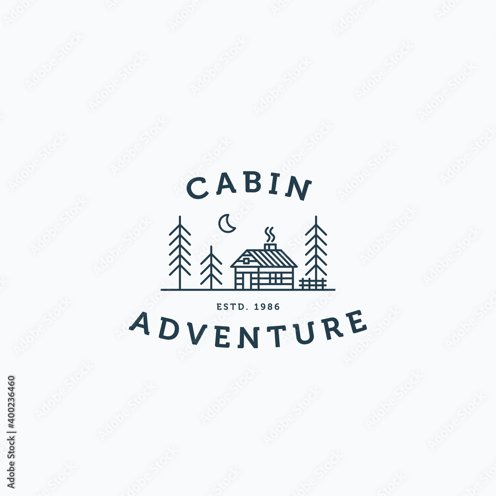 Vector illustration of minimalist line art wooden cabin in the forest ...