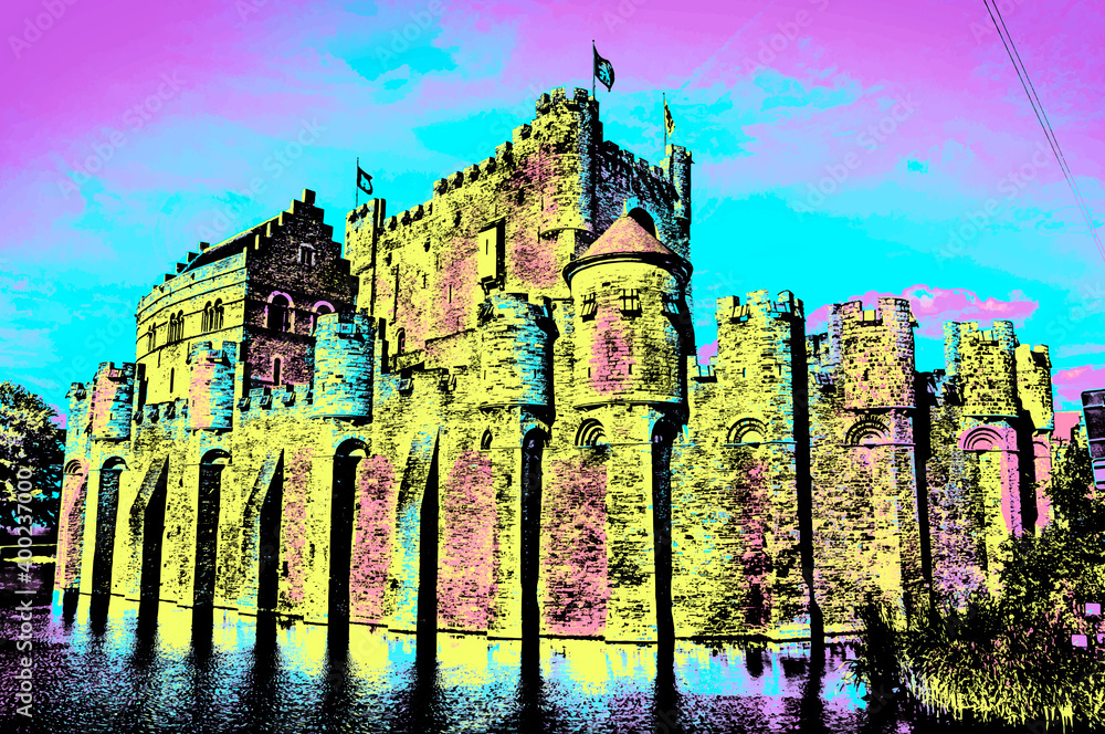 Lake in front of the Gothic Gravensteen Castle in Ghent. A city full of ...