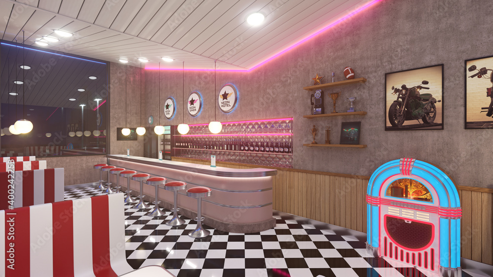 Retro diner interior with a tile floor, neon illumination, jukebox and ...
