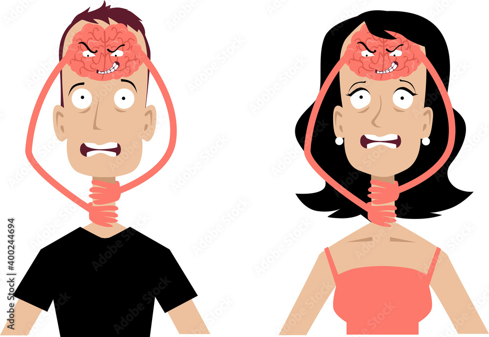 Man and woman strangled by their brains as a metaphor for overthinking ...