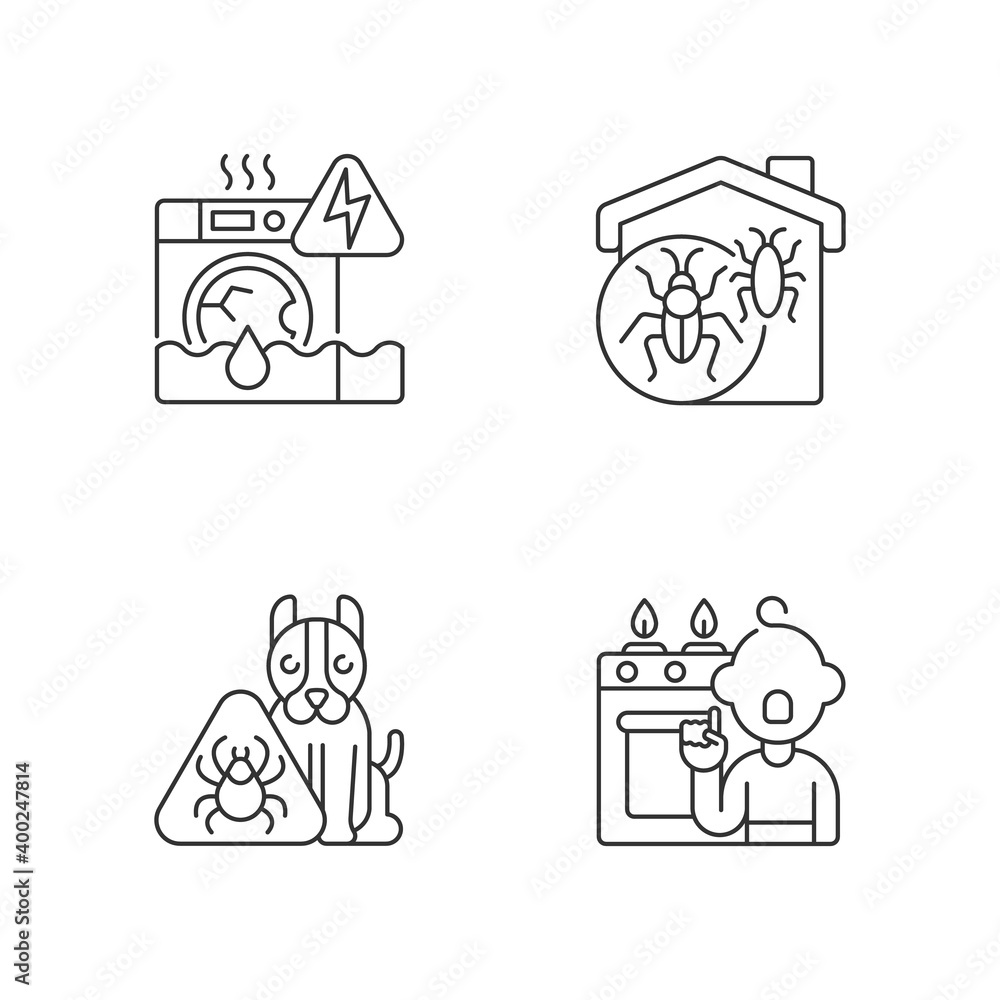 Unsafe home situations linear icons set. Household appliances ...