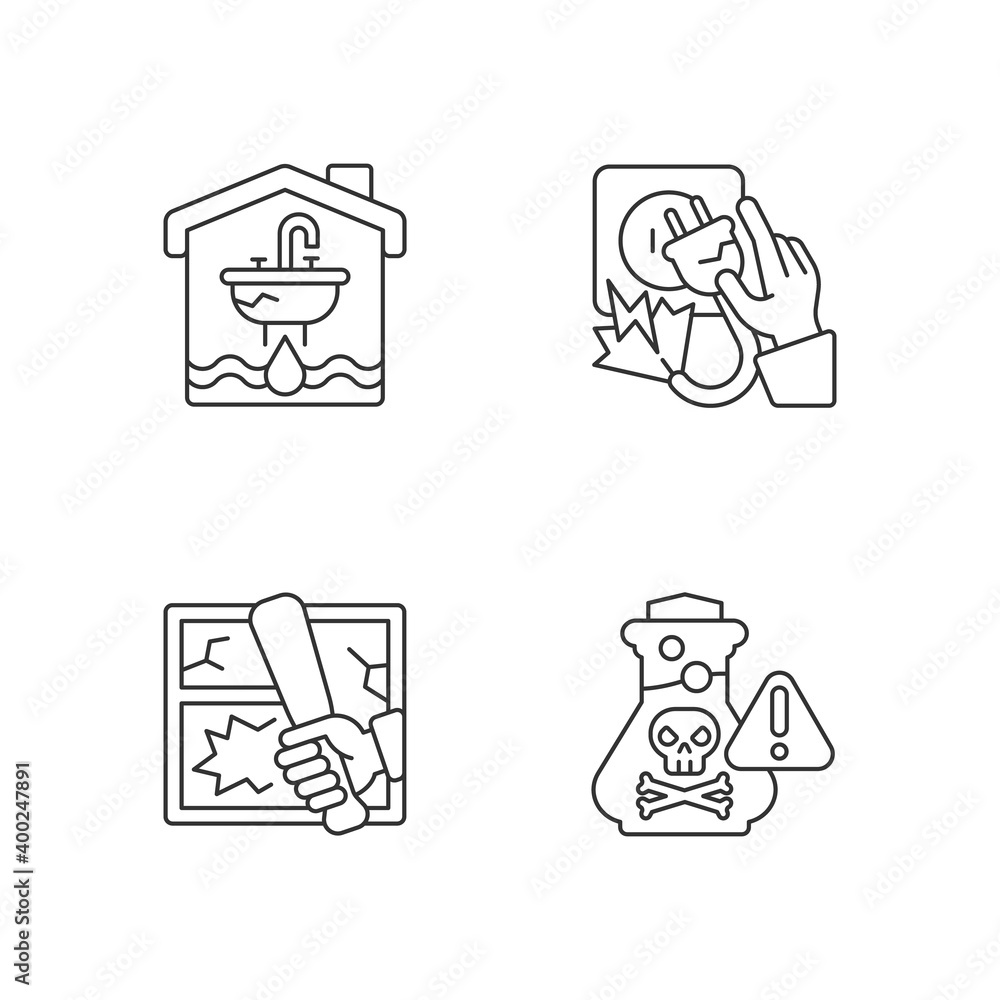 Preventing house hazards linear icons set. Water damage. Electric shock ...
