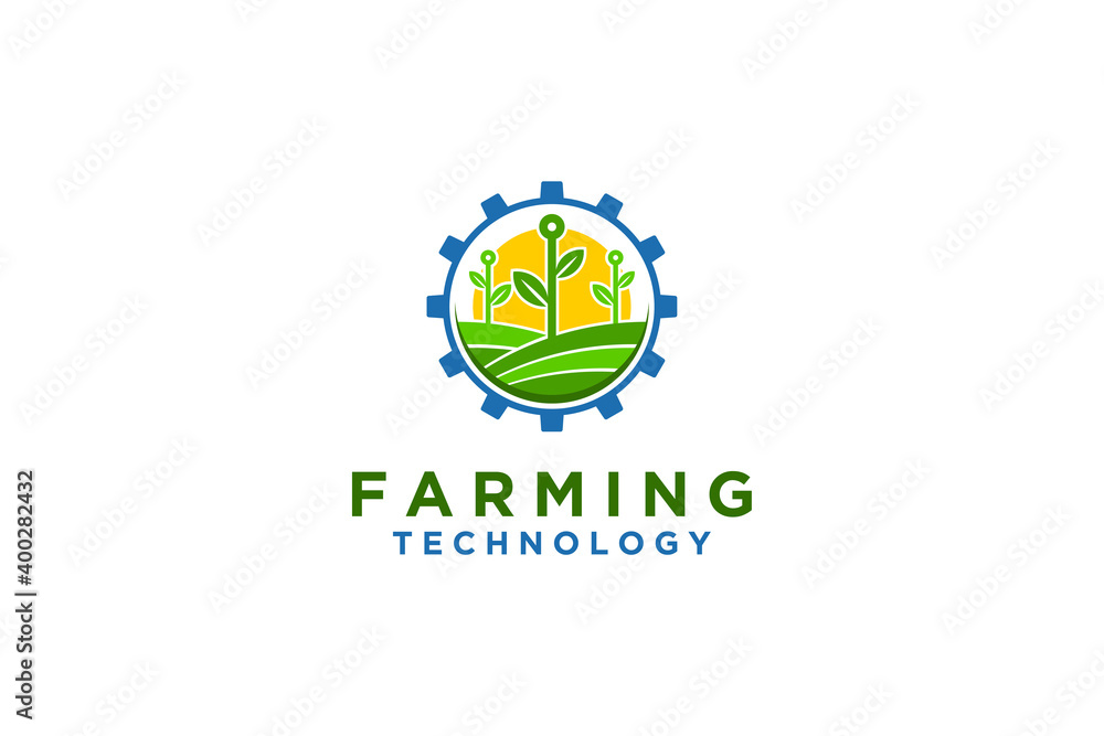 Farming technology logo design, seed plant farmland, cog wheel gear ...