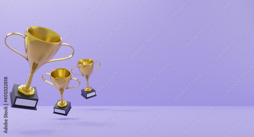 Winners gold cups on purple background. Trophies with stand. 3d ...