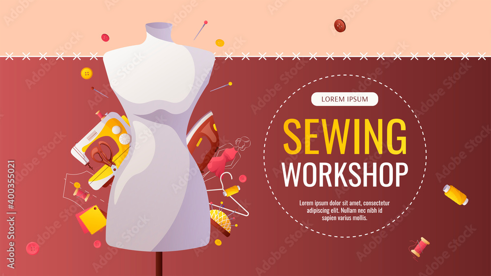 Banner design with mannequin and sewing items. Sewing workshop, fashion ...