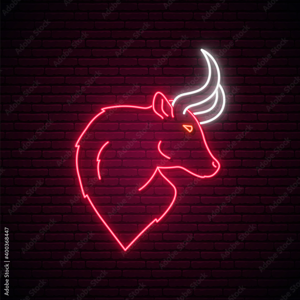Neon Bull sign. Glowing red bull emblem. Neon signboard. 2021year ...