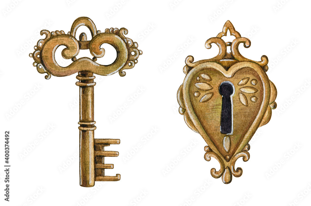 Vintage metal key and keyhole watercolor elements. Close up realistic ...