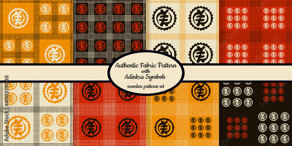 Collection of seamless authentic fabric patterns with african adinkra ...