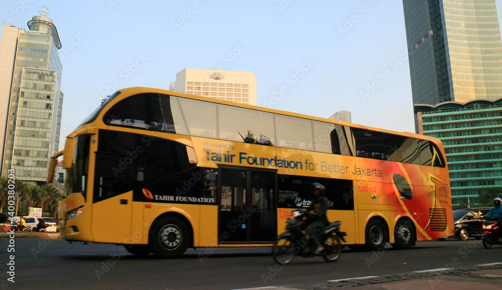 Jakarta, Indonesia – August 15, 2018: Jakarta city tour bus at Hotel ...