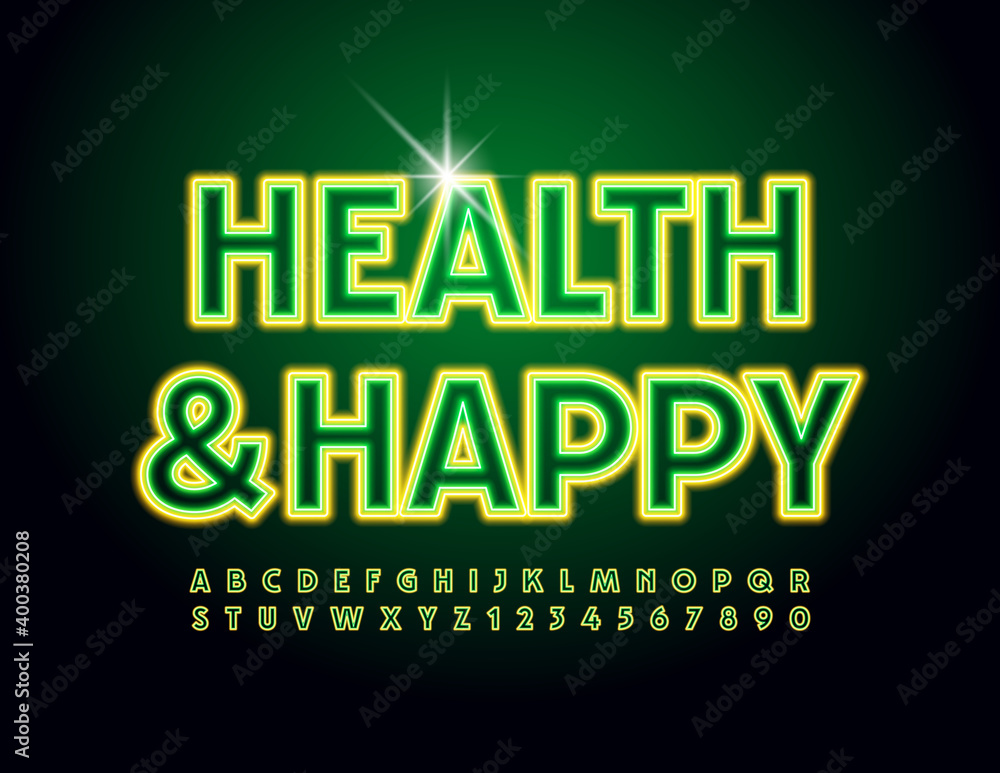 Vector neon banner Health and Happy. Glowing bright Font. Electric ...