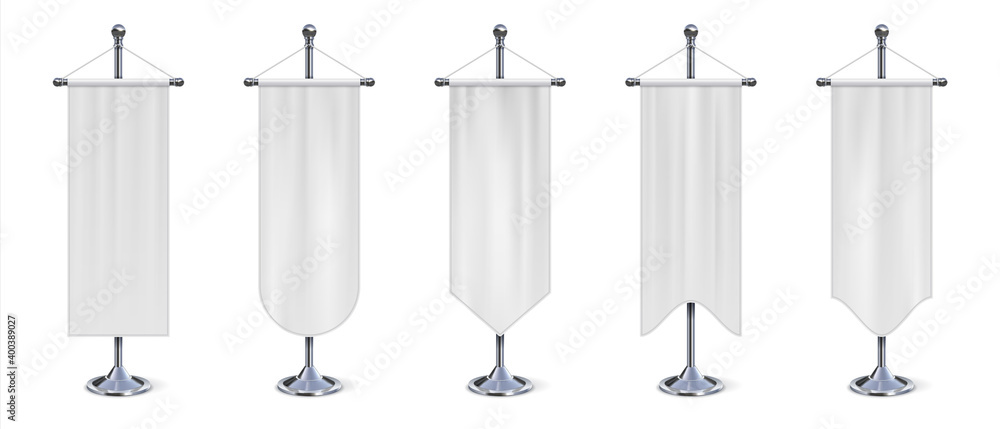 Vertical flag banner. Realistic hanging white cloth on stand. Empty ...