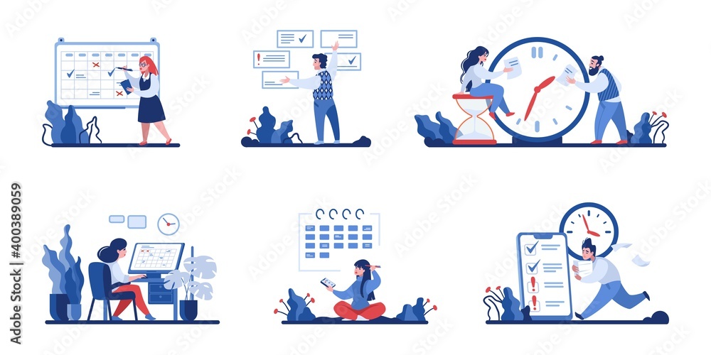 Time management scenes. Workers organizing activities. Efficiency work ...