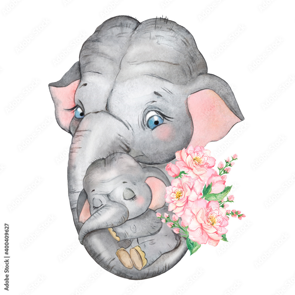 Watercolor illustration of an elephant mother holding a baby elephant ...