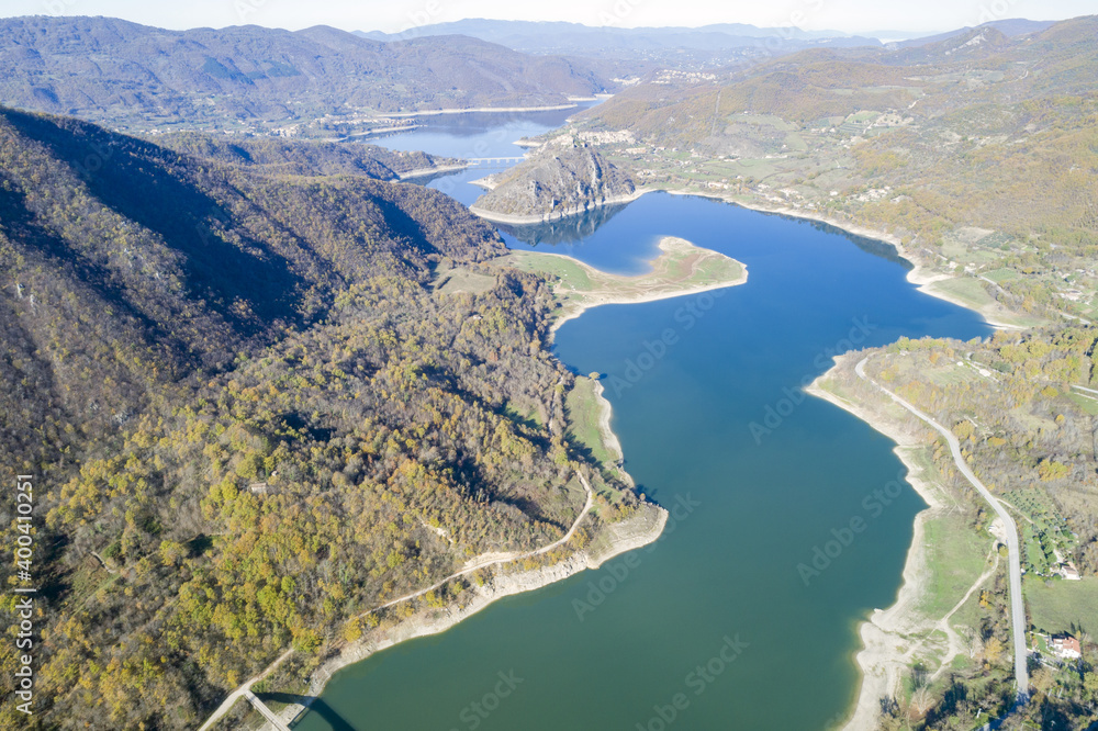 Aerial view of Lake Turano in Rieti, Castel di tora, colle di tora and ...