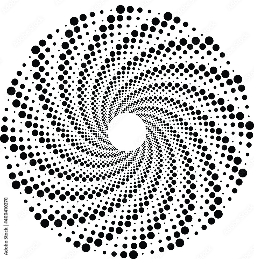 Dotted, dots, speckles abstract concentric circle. Spiral, swirl, twirl ...