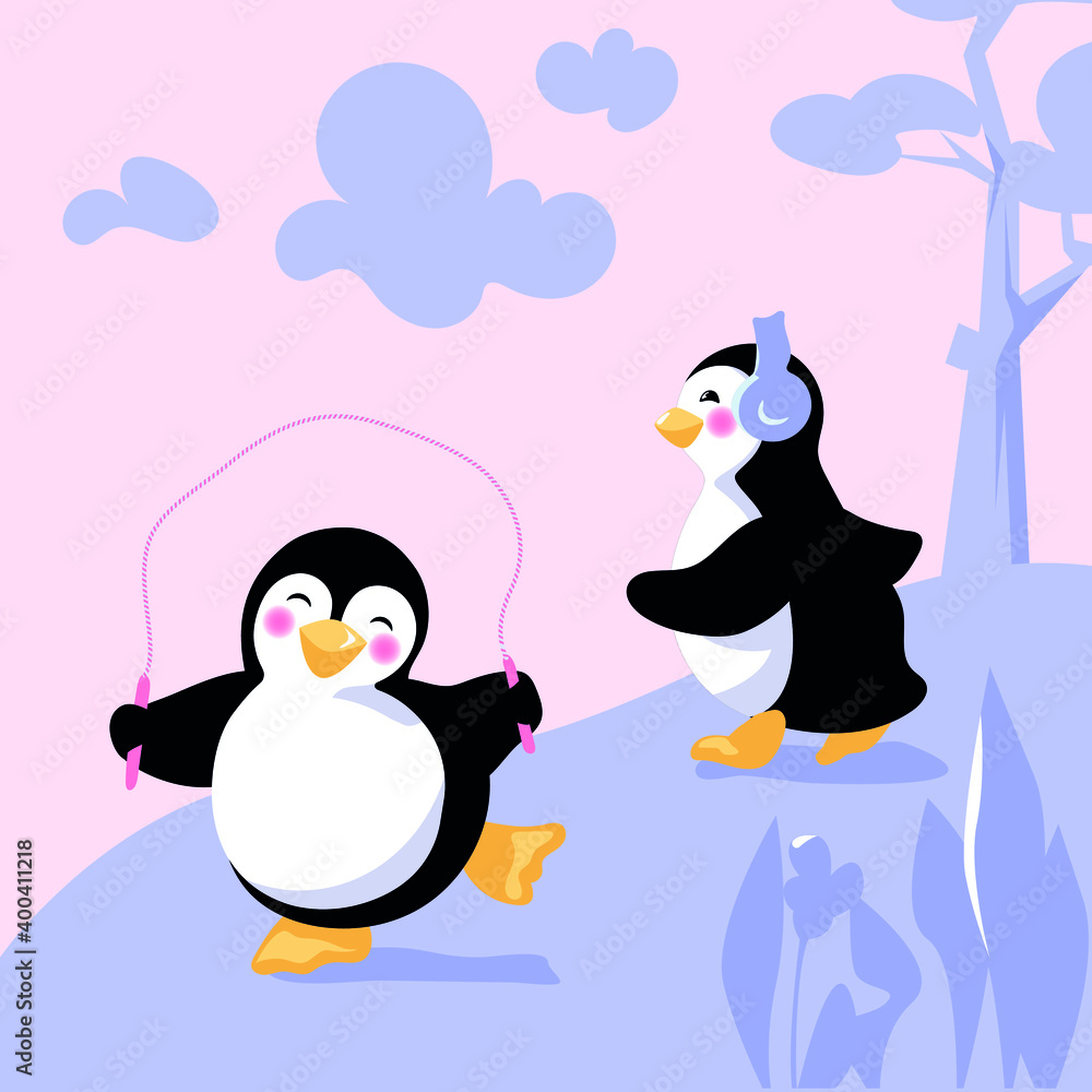 Cartoon penguins exercise in a park. One bird is jogging, while the ...