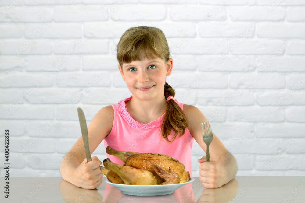 kid child little girl eating fried chicken Stock Photo | Adobe Stock