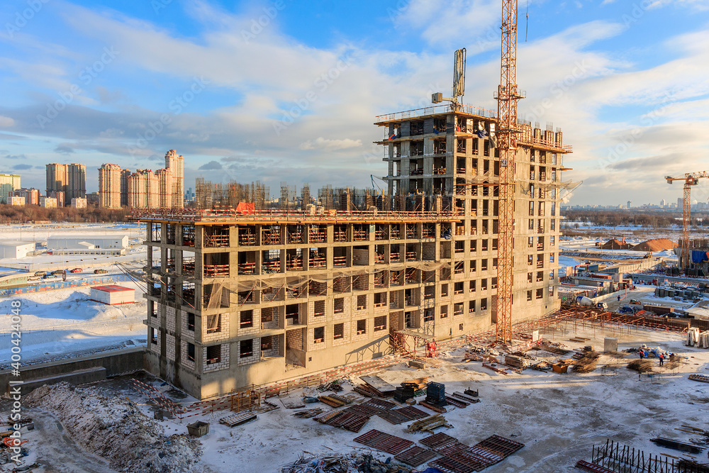 Construction of building Construction of apartment house. Concrete slab ...