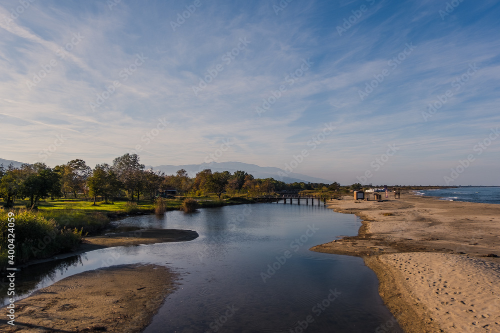 Estuary of river Pineios, next to beach of Stomio, in Thessaly Stock ...